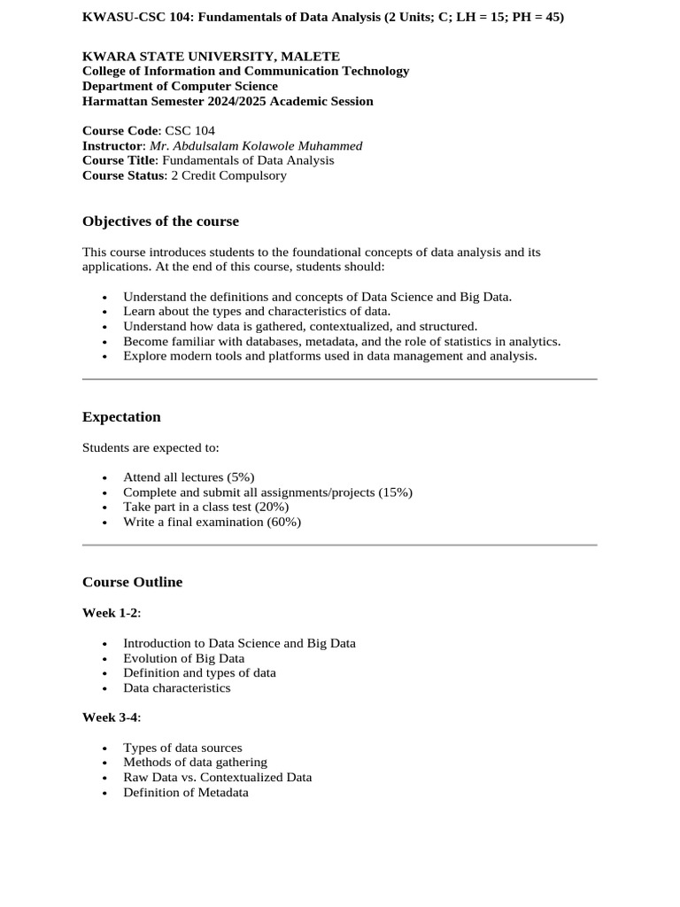 CSC 104: Data Analysis Fundamentals | PDF | Data | Data Analysis