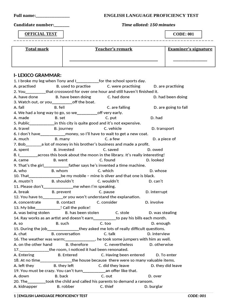 English Language Proficiency Test | PDF