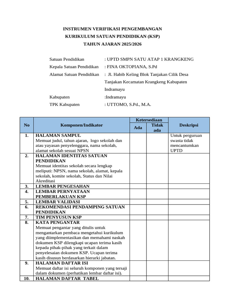 Instrumen KSP 2025 untuk SMP Indramayu | PDF