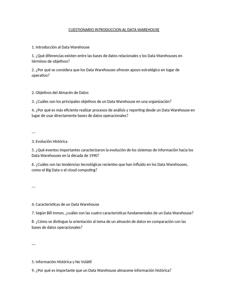 Cuestionario Introduccion Al Data Warehouse | PDF | Almacén de datos ...