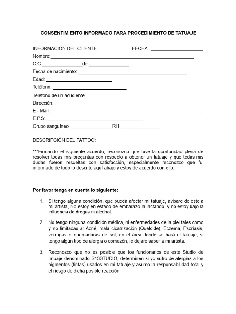 S13tattoo Consentimiento | PDF | Especialidades Medicas