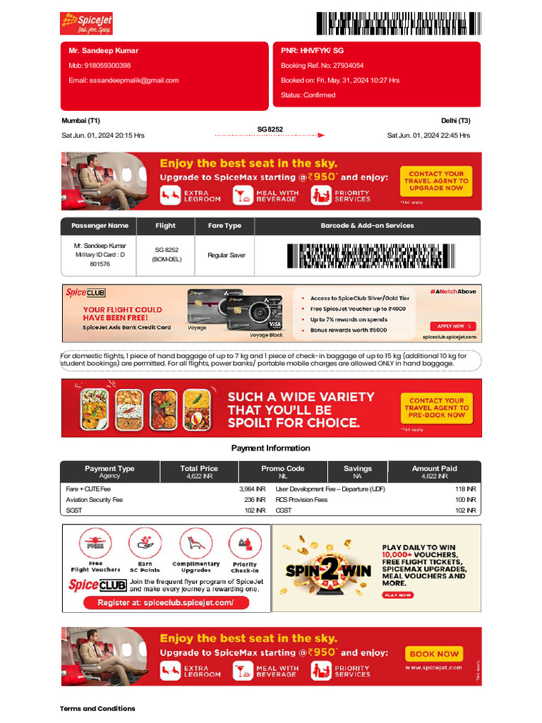 SpiceJet - E-Ticket - PNR - HHVFYK 01 Jun 2024 Mumbai-Delhi For MR. COM ...