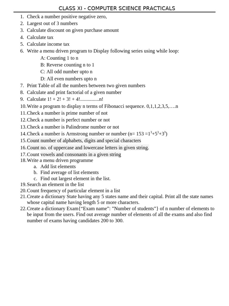 Practicals Class Xi Cs 2024 | PDF