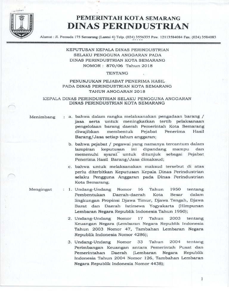 SK Dinas Penunjukan Pejabat Penerima Hasil 2018 | PDF