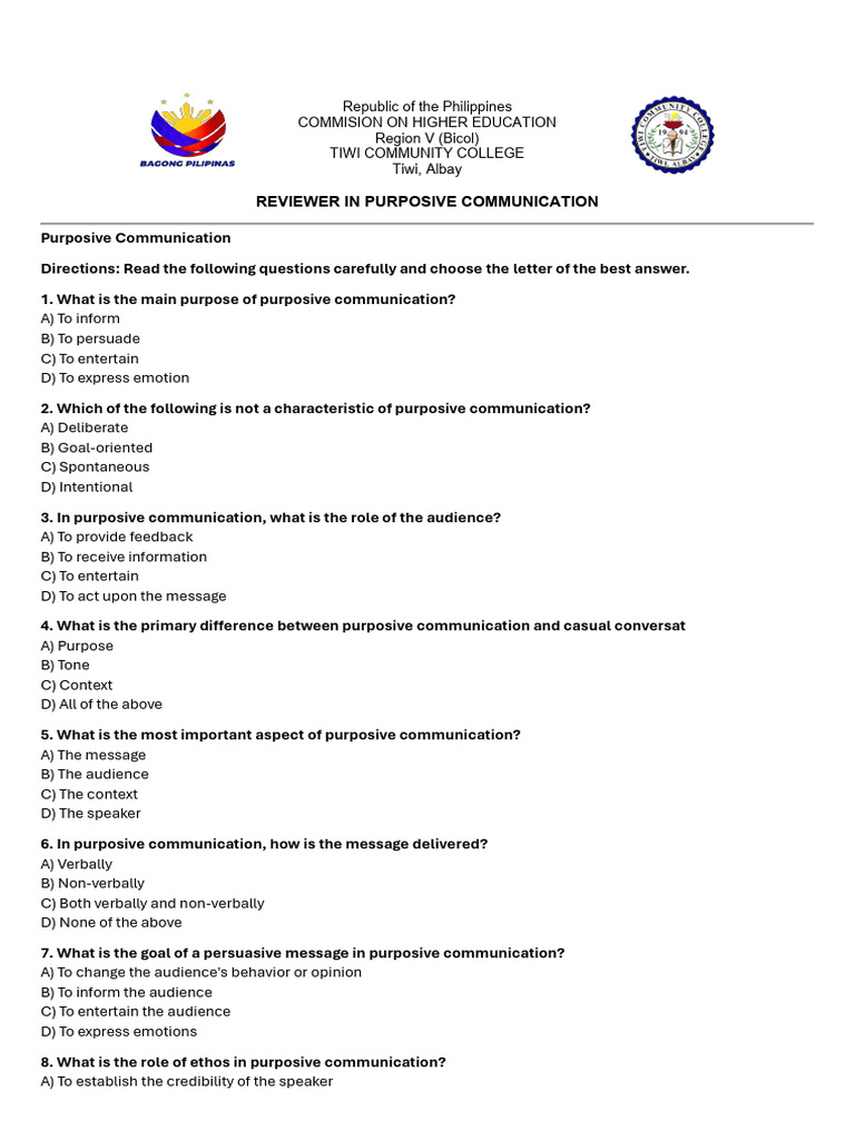 Purposive Communication Review Guide | PDF | Communication | Nonverbal ...