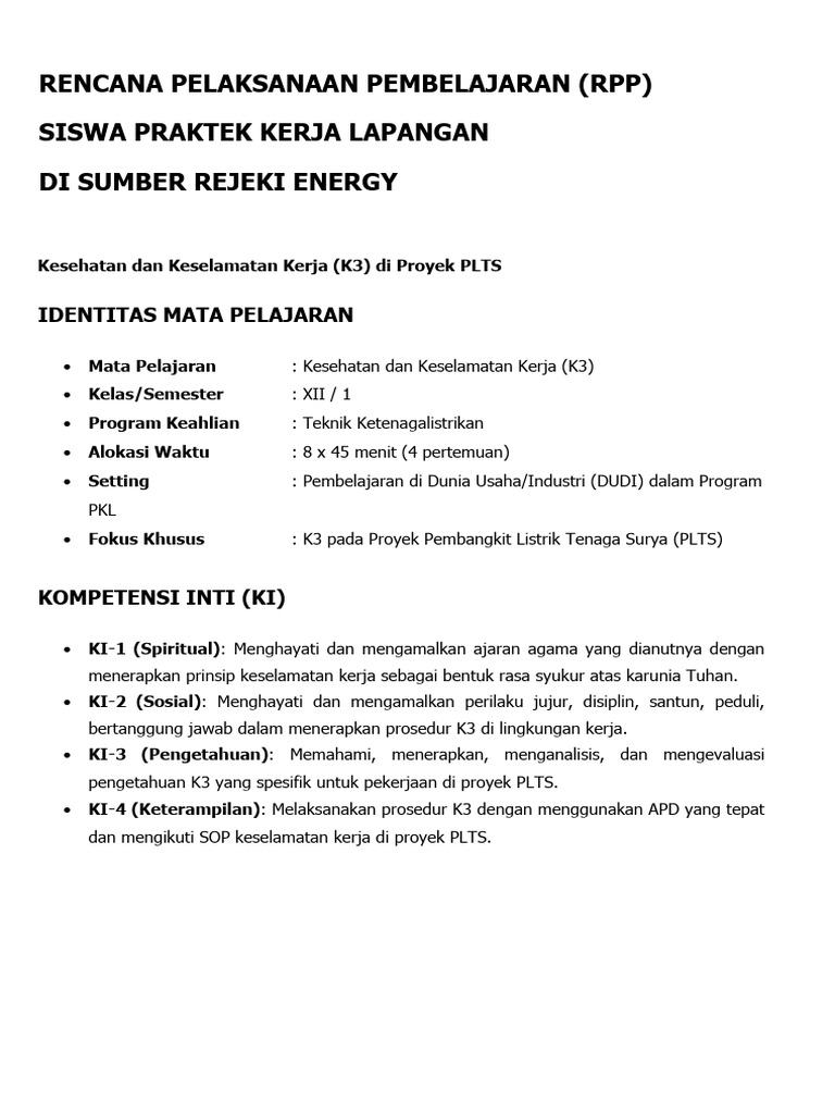 RPP K3 Kesehatan Dan Keselamatan Kerja Di Proyek PLTS | PDF