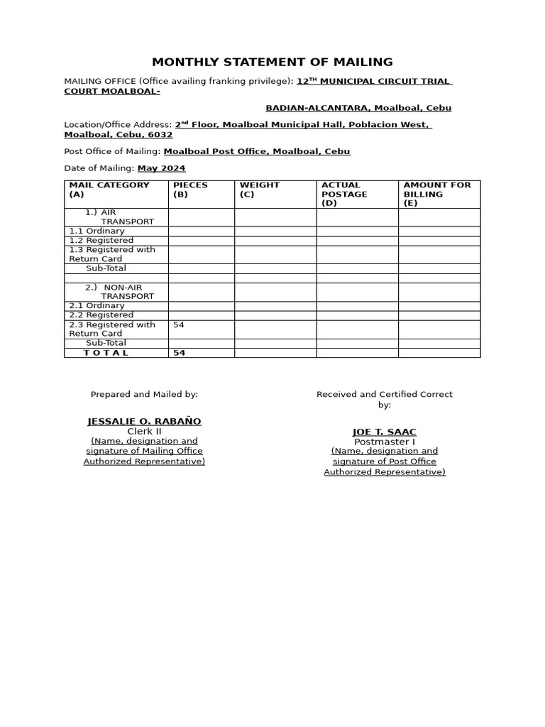 May Statement of Mailing | PDF