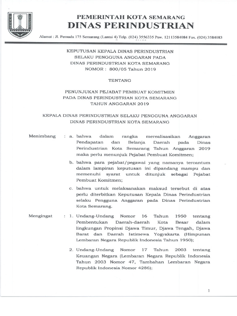 SK Dinas Penunjukan Pejabat Pembuat Komitmen 2019 | PDF