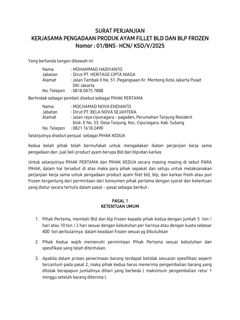 Surat Perjanjian Pengadaan Produck Ayam Broiler Frozen | PDF