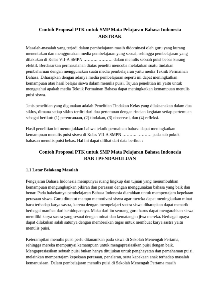 Contoh Proposal PTK Untuk SMP Mata Pelajaran Bahasa Indonesia | PDF