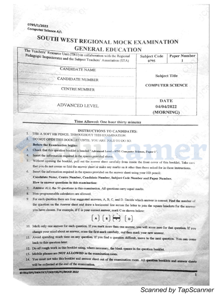 SWR Mock 2022 0795 Computer Science P1 | PDF | Central Processing Unit | Computer Science