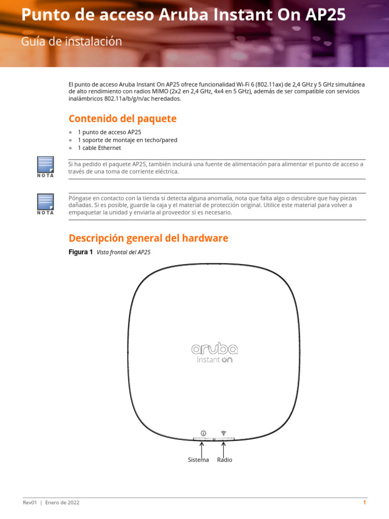 Aruba AP25 Installation Guide ES Es Un Modelol Nuevo | PDF | Punto de ...