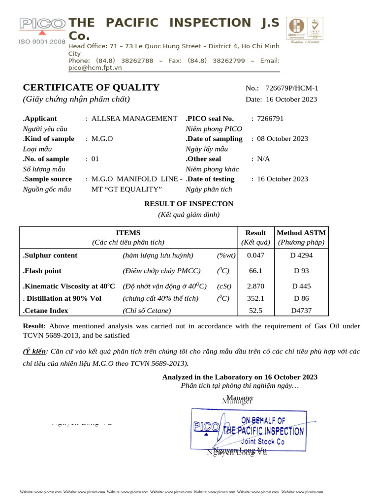 The Pacific Inspection J.S Co.: Certificate of Quality | PDF