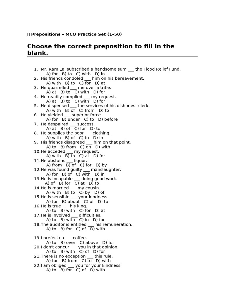 ? Prepositions - MCQ Practice Set (1-50) | PDF