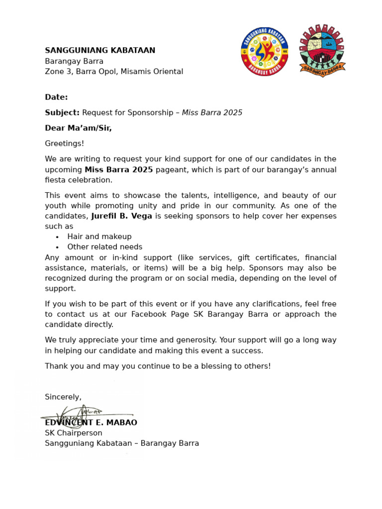 Miss Barra 2025 Sponsorship Request | PDF | Youth | Youth Organizations