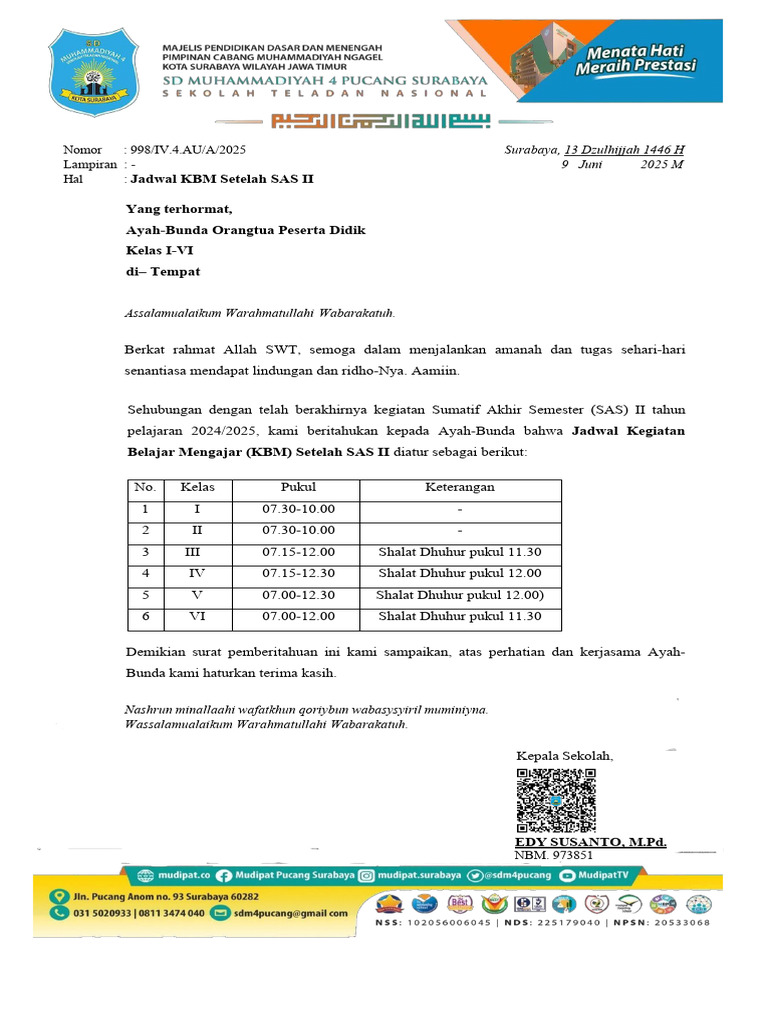 Surat Pemberitahuan Jadwal KBM Setelah SAS III - Ayah-Bunda Orangtua ...
