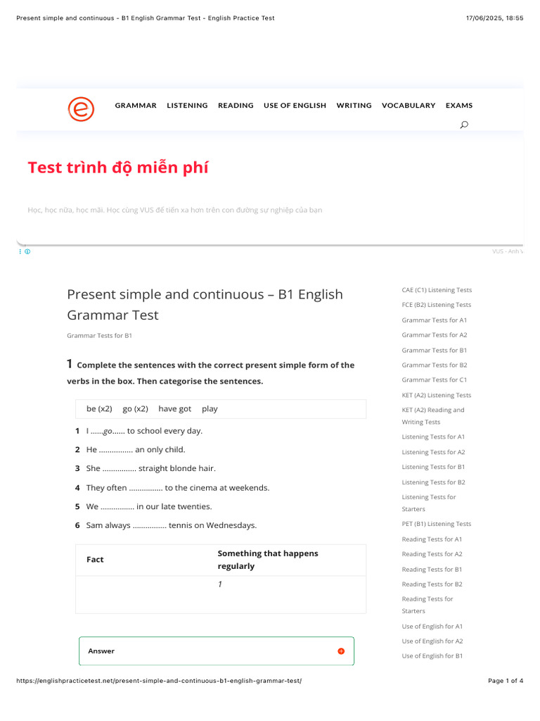 B1 Test: Present Simple & Continuous | PDF | English Grammar ...