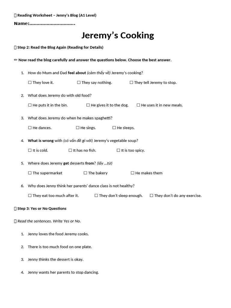 ? Reading Worksheet Jenny's Blog (A1 Level) | PDF