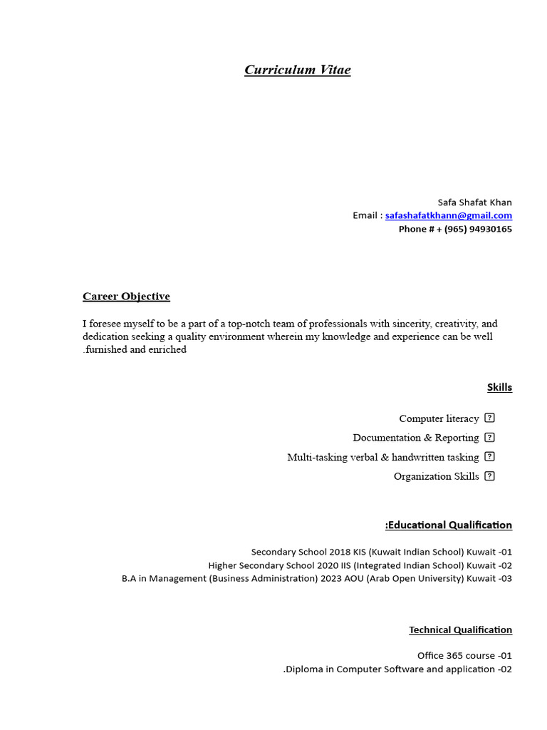 Safa Shafat Khan's Professional CV | PDF