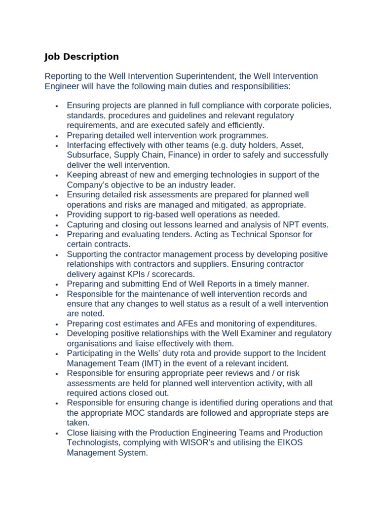 Well Intervention Engineer Job Overview | PDF | Supply Chain ...