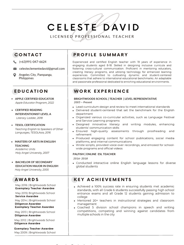 Experienced English Teacher Profile | PDF | Teachers | English As A ...