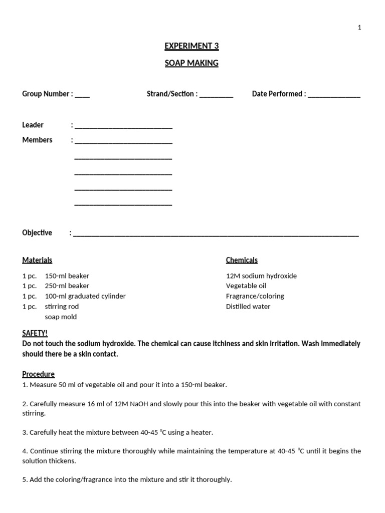 Soap Making Experiment Guide Pdf Sodium Hydroxide Soap