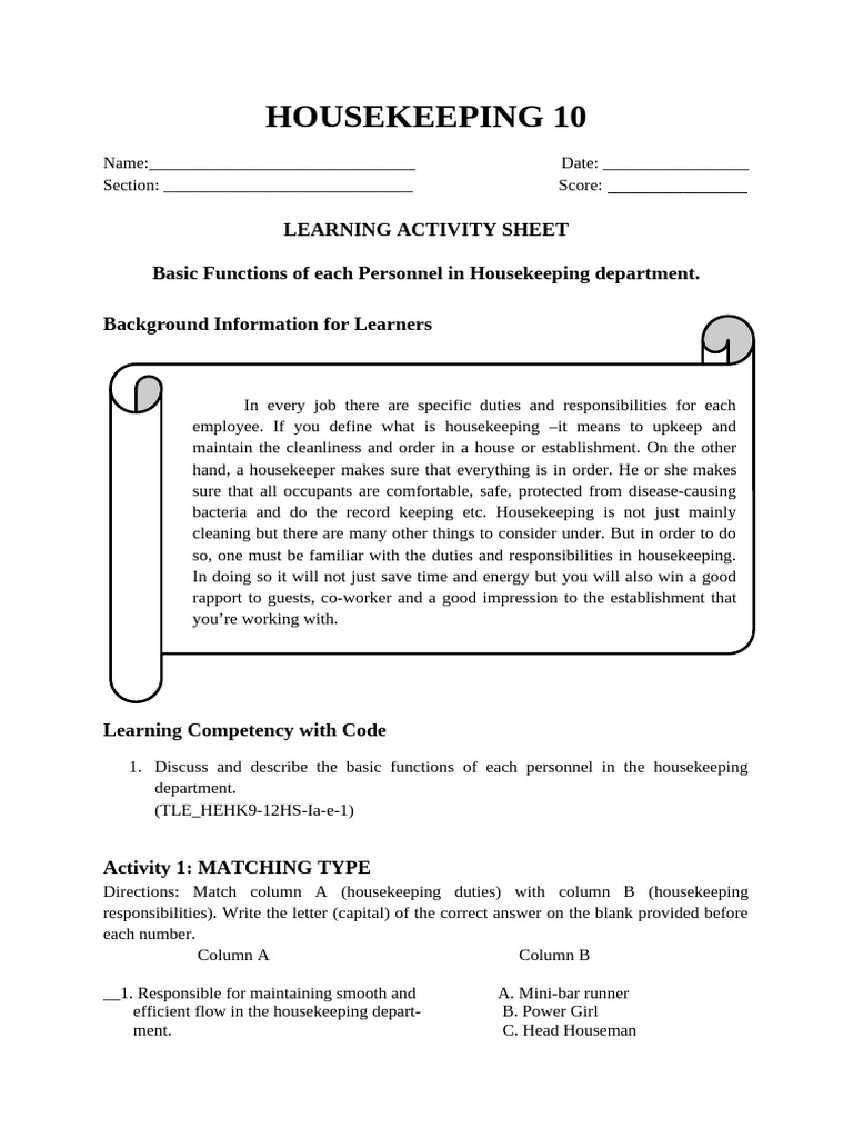 LO1 1.3 Basic Function of Each Personnel in The Housekeeping 1 | PDF | Housekeeping