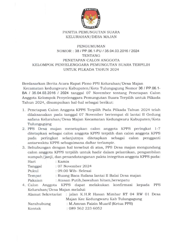 Pengumuman Penetapan Calon Anggota KPPS | PDF