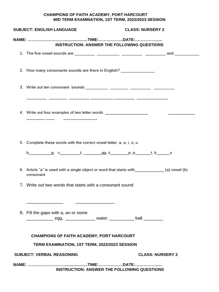 Nursery 2 First Term Exam Questions | PDF | Cain And Abel | Consonant