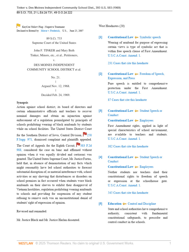Tinker v Des Moines Independent Community School Dist | PDF | First ...