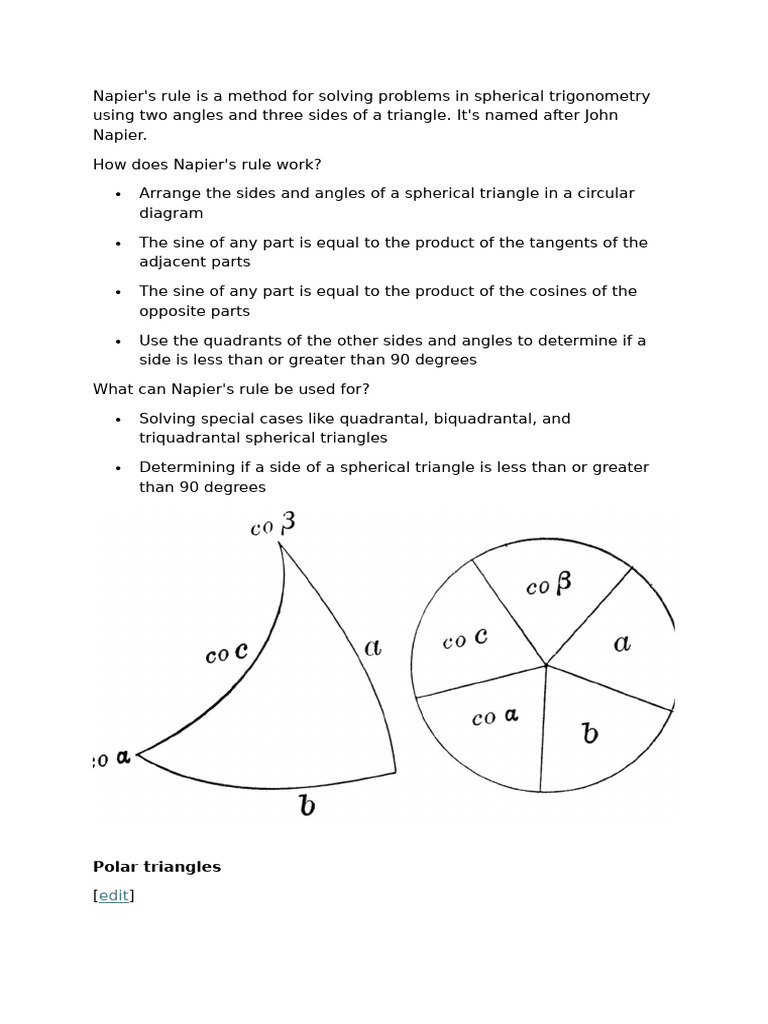 Napier's Rules in Spherical Trigonometry | PDF | Trigonometric ...