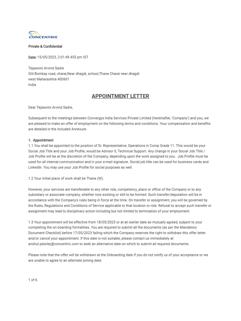 Appointment Letter Concentrix | PDF | Employment | Background Check