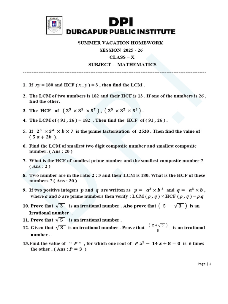 X Mathematics Summer Vacation Homework 2025 - 26 1 | PDF | Square Root | Quadratic Equation