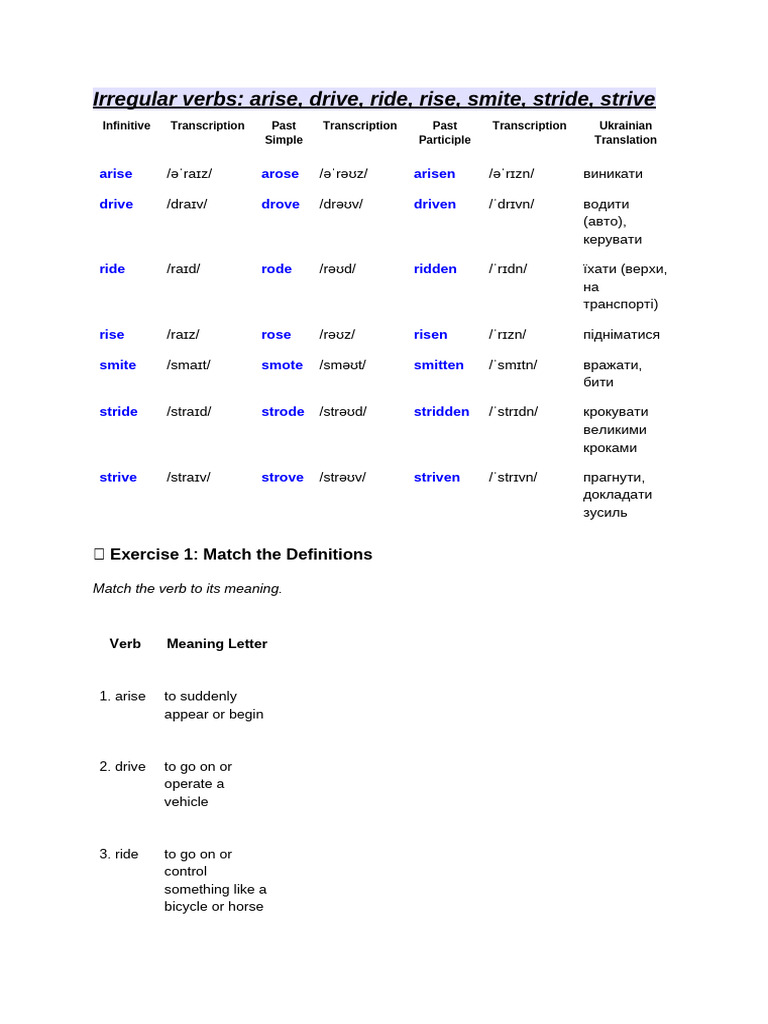 Irregular Verbs - Arise, Drive, Ride, Rise, Smite, Stride, Strive | PDF ...