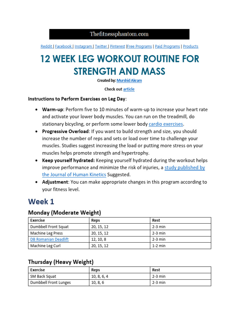 12 Week Leg Day Workout Routine | PDF | Weight | Strength Training