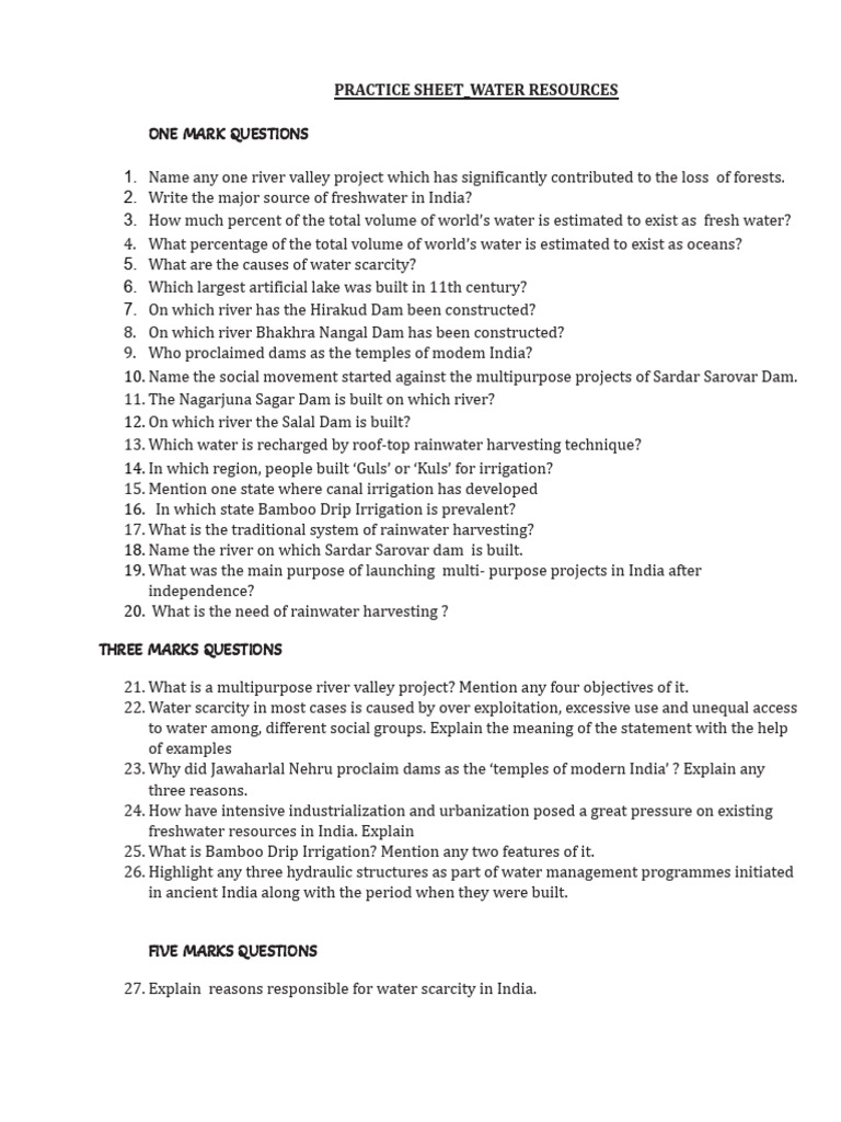 Practice Sheet-Water Resources | PDF | Water | Irrigation