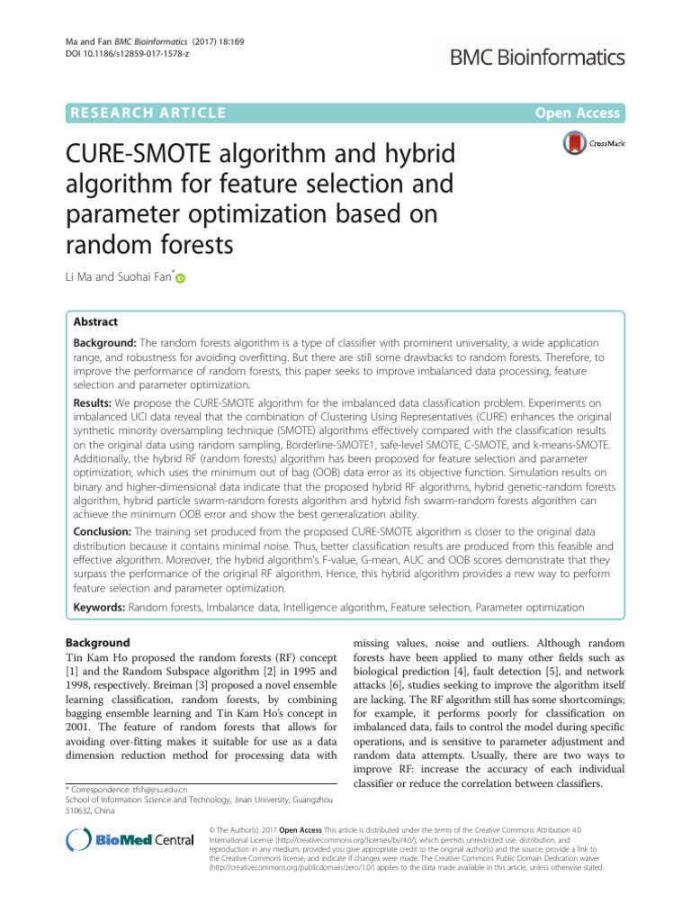 CURE-SMOTE Algorithm and Hybrid Algorithm For Feature Selection and Parameter Optimization Based ...