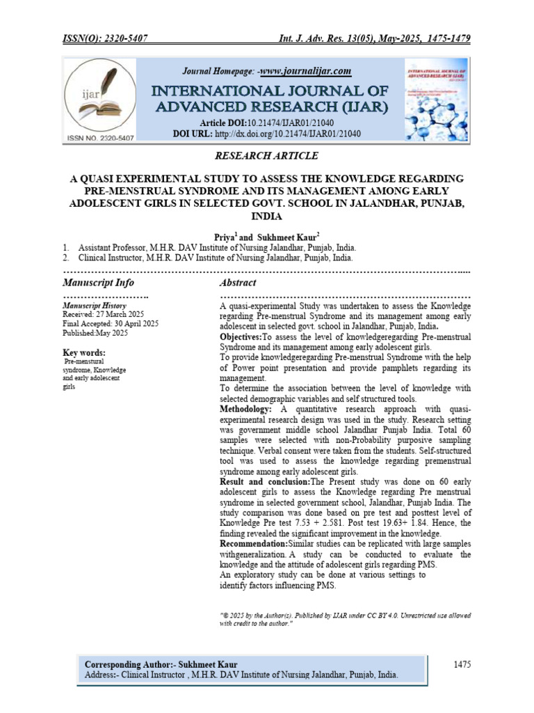 Knowledge of PMS in Adolescent Girls | PDF | Premenstrual Syndrome