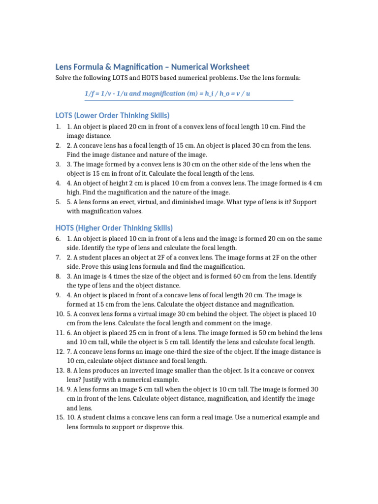Lens Formula Magnification Worksheet | PDF | Optics | Light