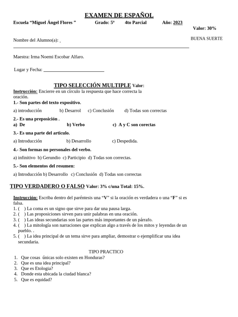 Examen de Español 5º Grado 2023 | PDF | Mecánica del lenguaje | Sintaxis