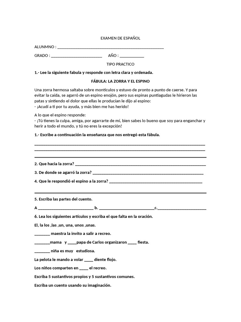 Examen de Español e Inglés para Alumnos | PDF | Morfología Lingüística ...