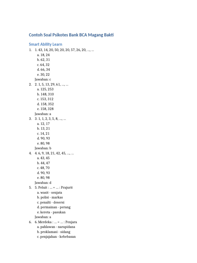 Contoh Soal Psikotes BCA Magang | PDF