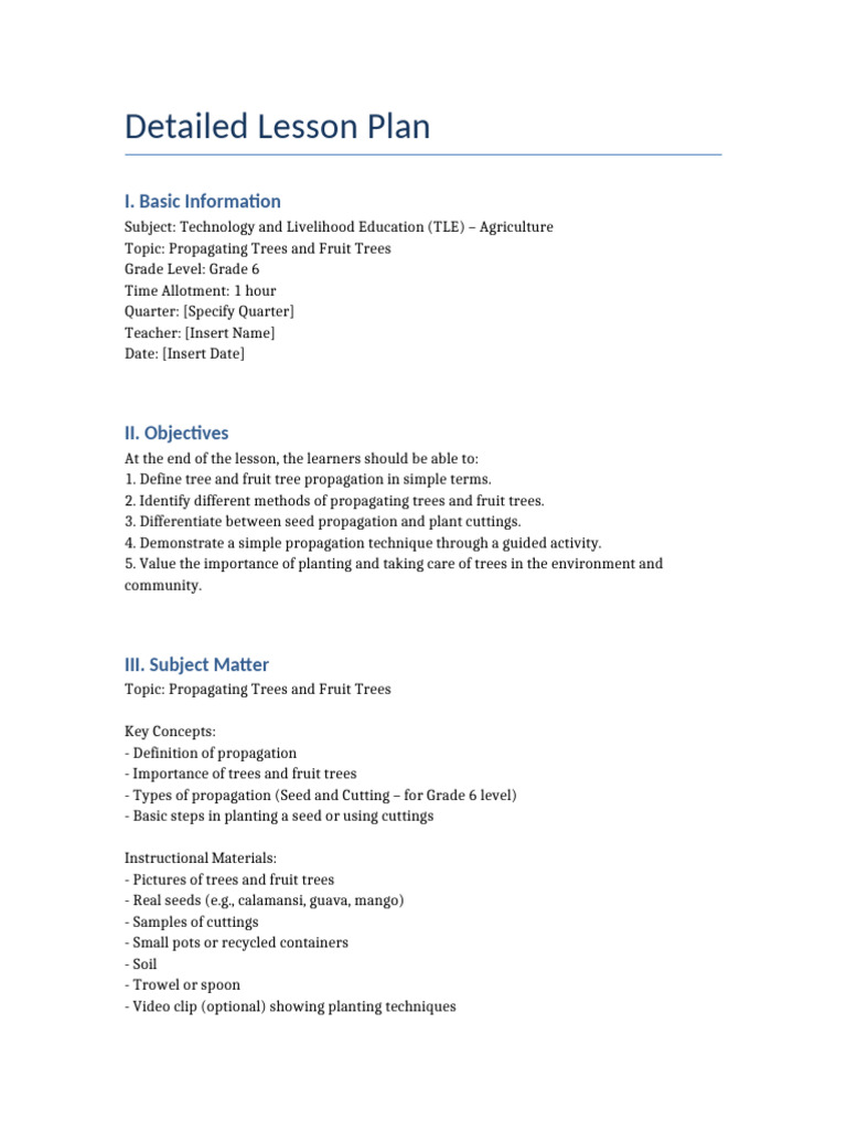Grade6 TLE LessonPlan TreePropagation | PDF | Trees | Plants