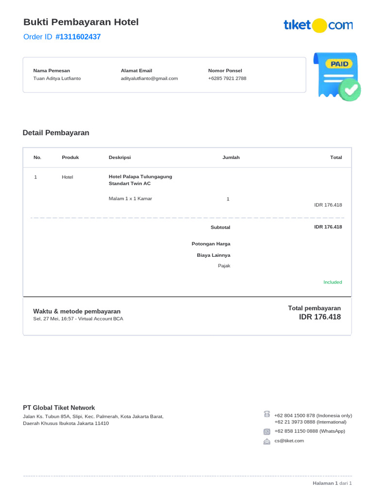 Receipt Tiket Com Hotel New Version | PDF