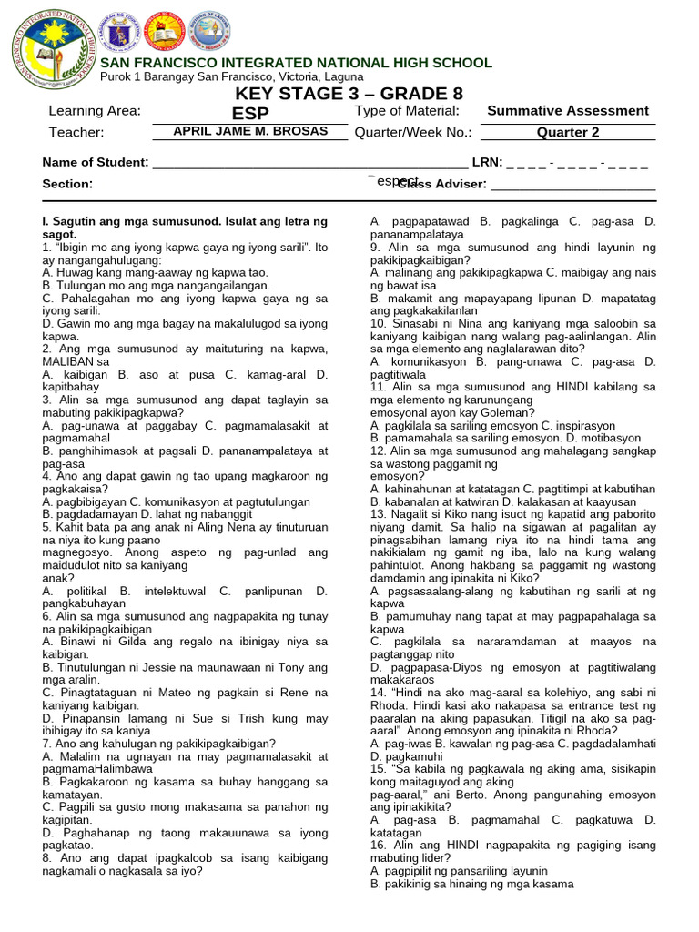 ESP Summative Assessment of Grade 8 2nd F | PDF