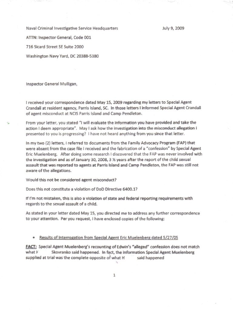 Letter To NCIS IG July 2009 | PDF | Polygraph | Special Agent