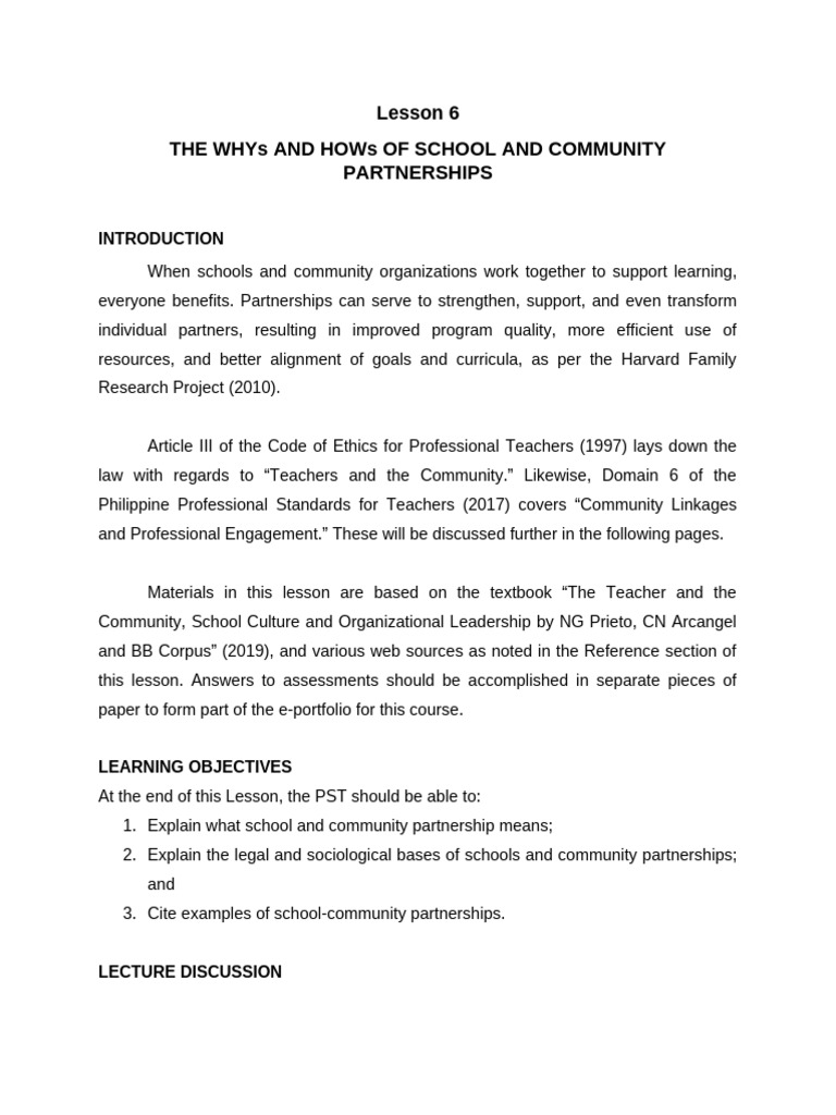 Lesson 6-The Whys and Hows of School and Community Partnerships | PDF ...