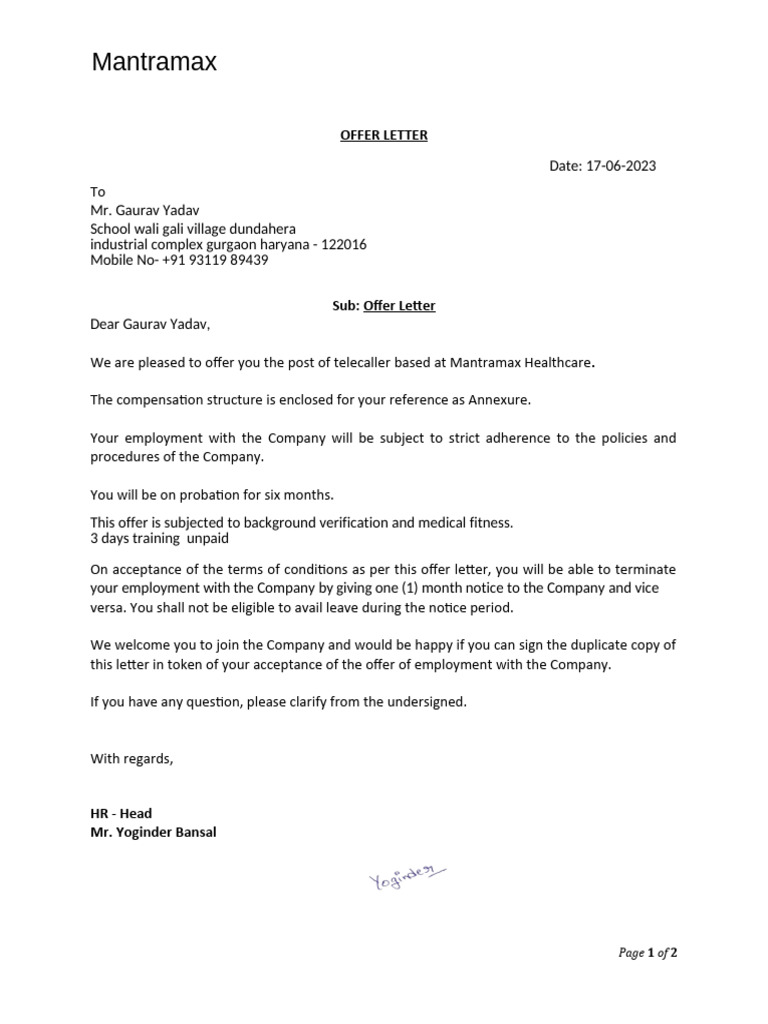 Mantramax Telecaller Offer Letter | PDF