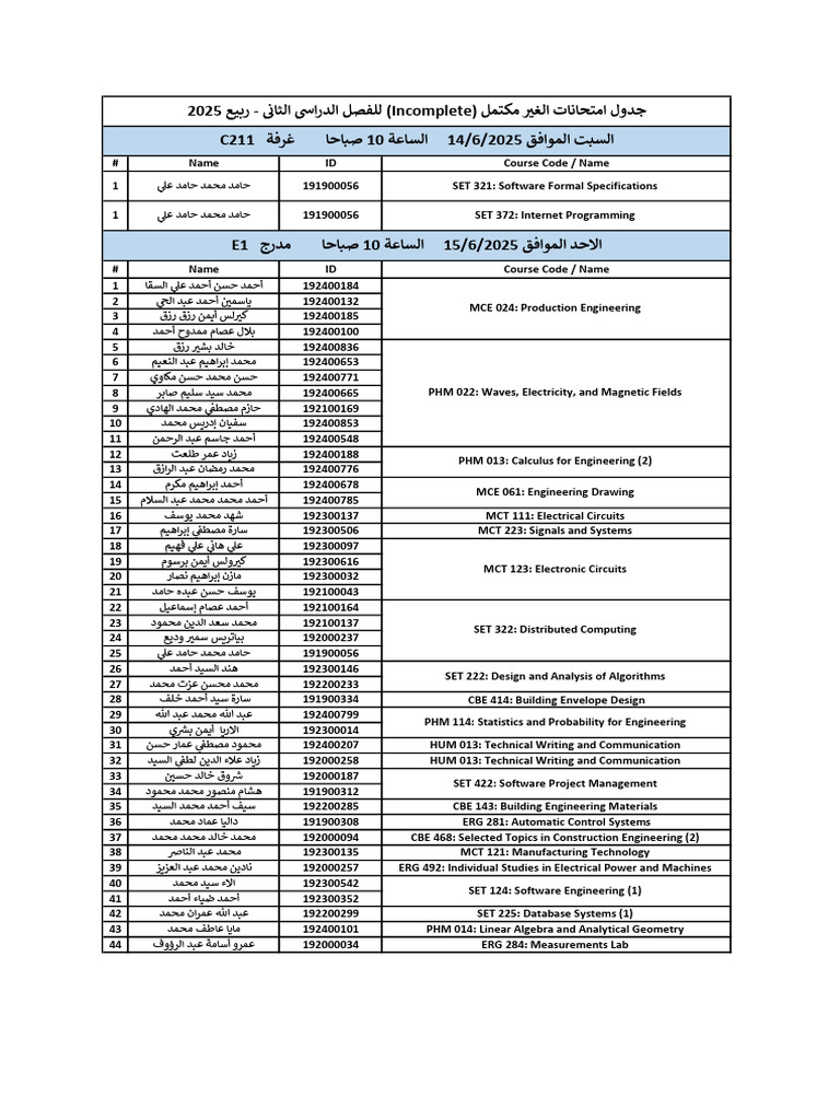 Incomplete Schedule - Spring 2025 | PDF