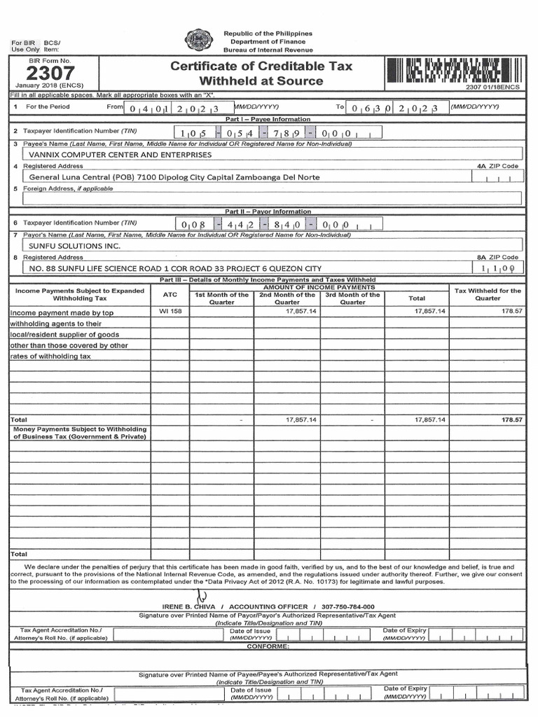 05.30.23 Vannix Computer Center and Enterprises - BIR Form 2307 | PDF
